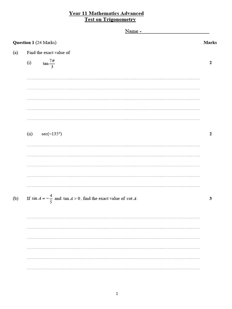 Year 11 Advanced Trigonometry Test | PDF | Geometry | Elementary ...