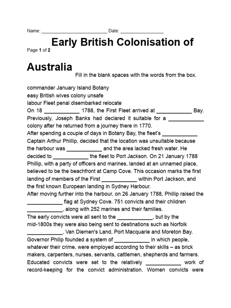 British Colonisationof Australia Cloze Activity | PDF | British Empire ...