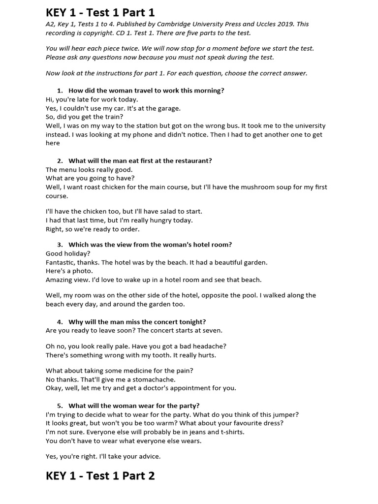 KEY 1 - Test 1 Listening Transcript | PDF | Language Arts & Discipline