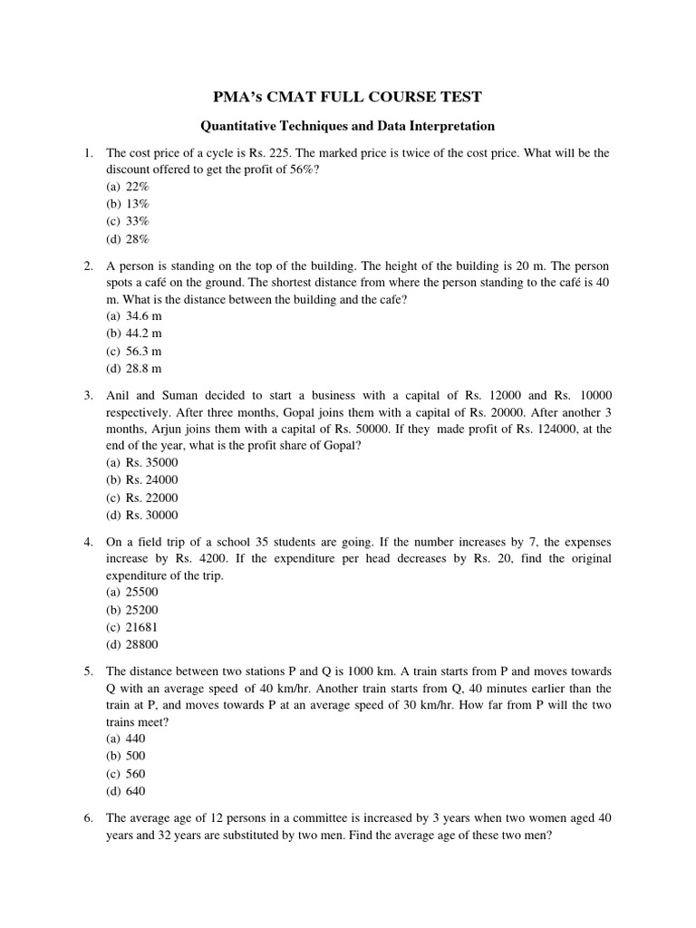 CMAT Mock Test Full Course Practice Paper by PMA | PDF ...