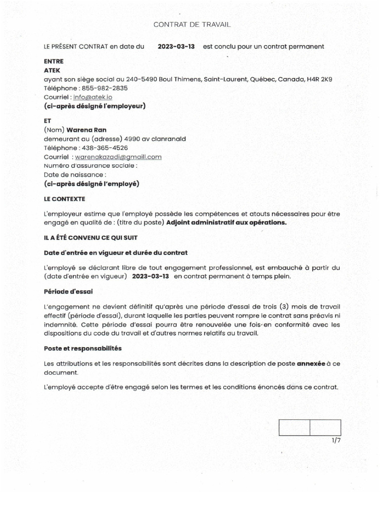 Contrat de Travail | PDF