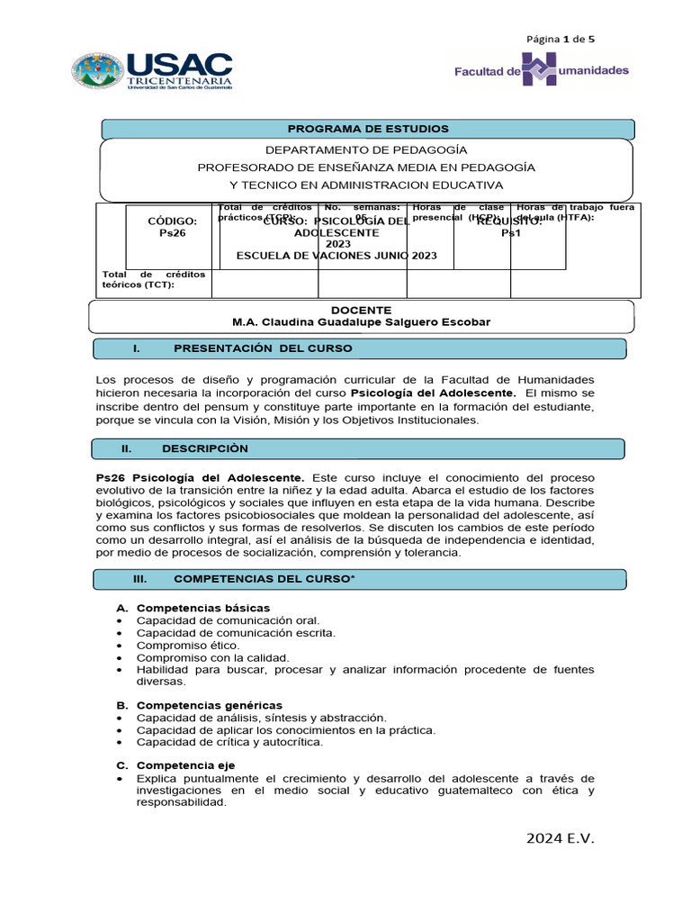 PROGRAMA PSICOLOGIA DEL ADOLESCENTE 2021 (2) | PDF | Aprendizaje | Evaluación