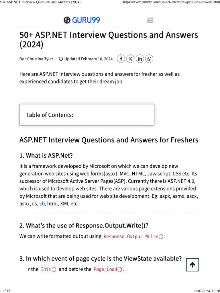 50+ ASP - Net Interview Questions and Answers (2024) | PDF | Web Technology | Free Software