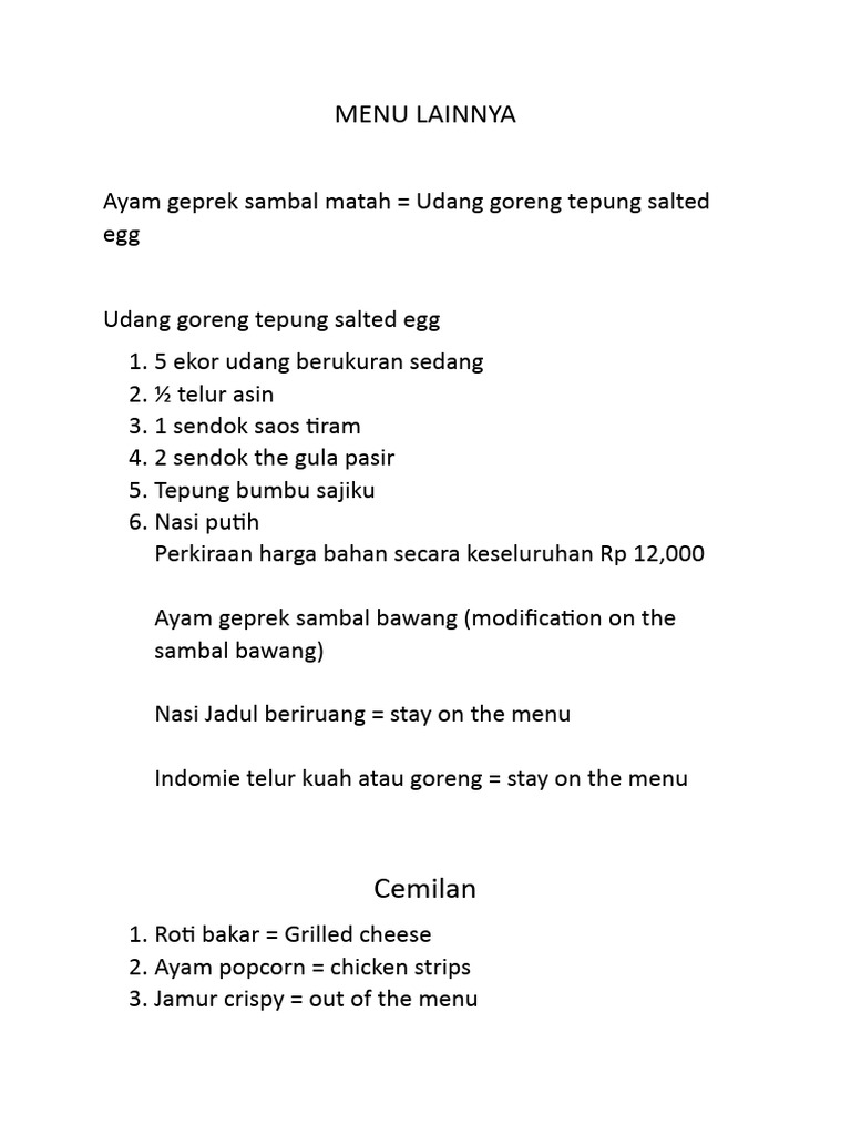 Menu Lainnya Dan Camilan | PDF