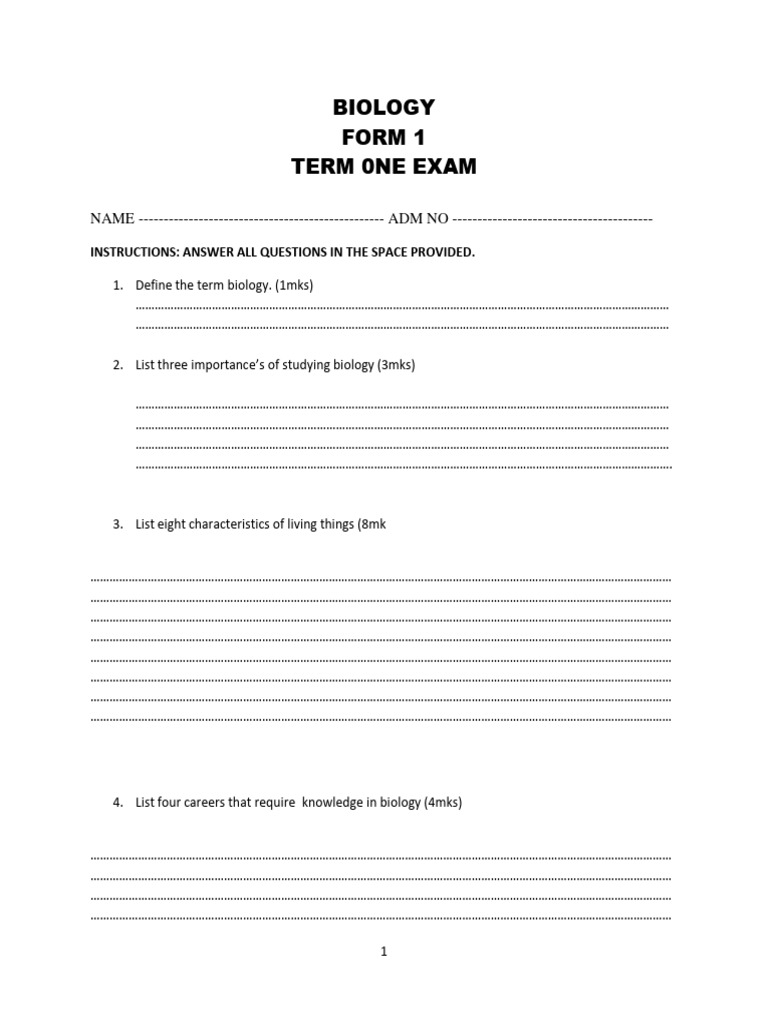 Biology Form 1 Term 3 Exam Questions | PDF | Life Sciences | Biology