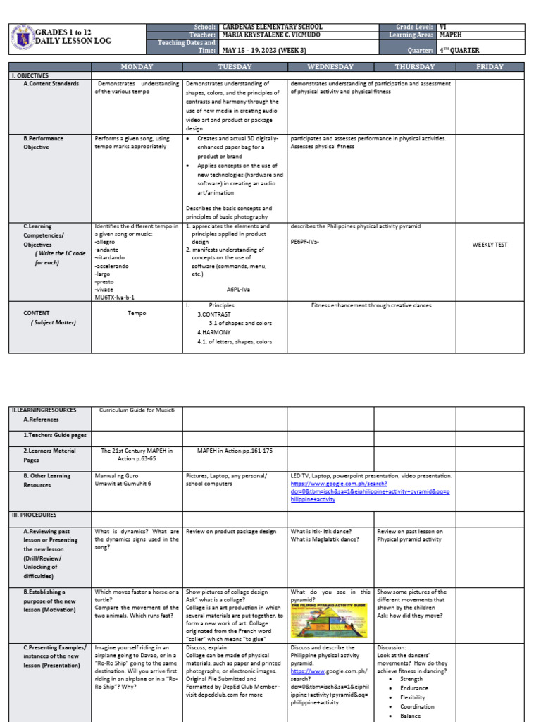 DLL - Mapeh 6 - Q4 - W3 | PDF | Tempo | Collage