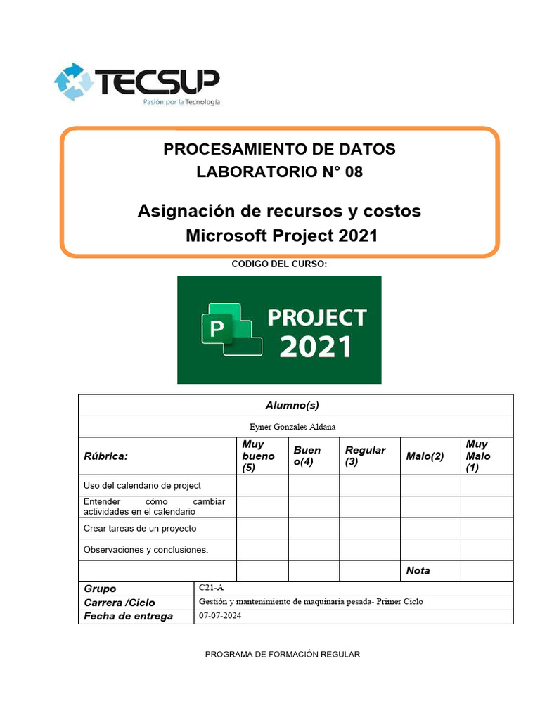 Lab 08 - Asignación de Recursos. Sustentación de Proyecto Eyner | PDF ...
