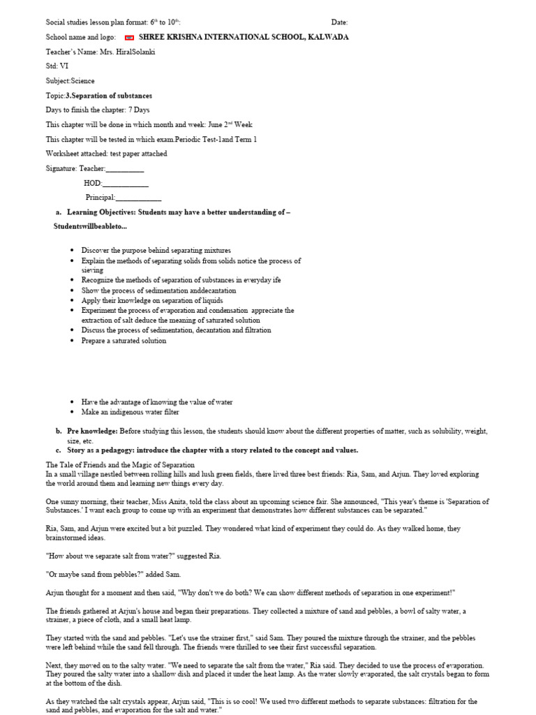 Class 6 Lesson Plan: Separation of Substances | PDF | Filtration | Mixture
