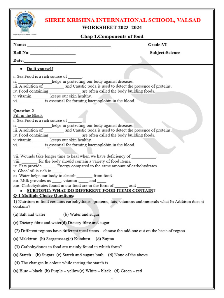 STD 6 CH 1 Components of Food | PDF | Foods | Vitamin