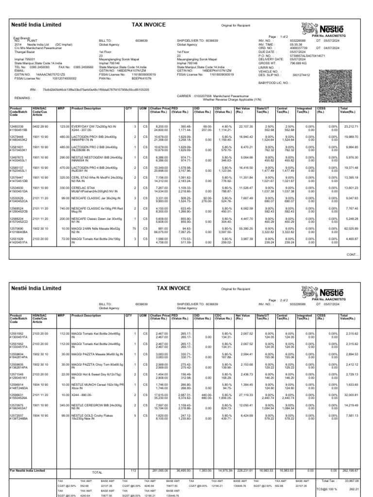 Nestle Invoice - 933226589 Dated 05.07.2024 | PDF | Taxes | Government ...