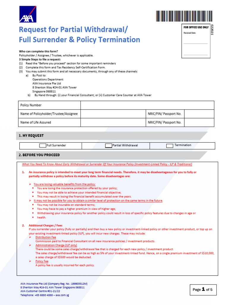 AXA Insurance Withdrawal Request Guide | PDF | Insurance | Cheque