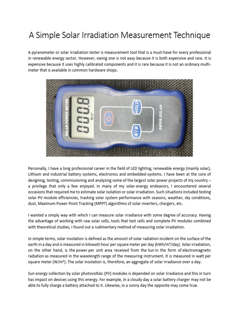 A Simple Solar Irradiation Measurement Technique | Download Free PDF | Photovoltaics | Solar Panel
