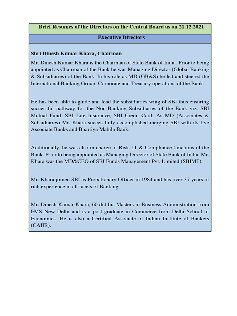 SBI Central Board Directors' Profiles | PDF | Banks | Financial Services