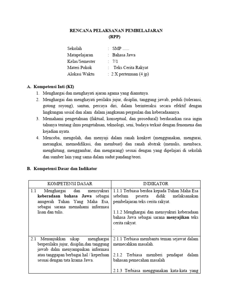 RPP Bahasa Jawa Kelas 7 | PDF | Fiksi Umum