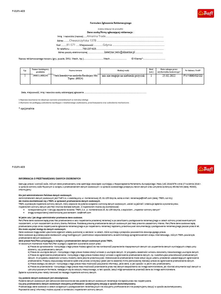 Formularz Reklamacyjny - AlmarinaTrade - 2408 - 2 | PDF