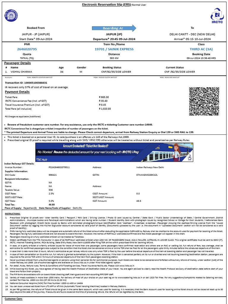 Sainik Express Third Ac (3A) | PDF | Identity Document