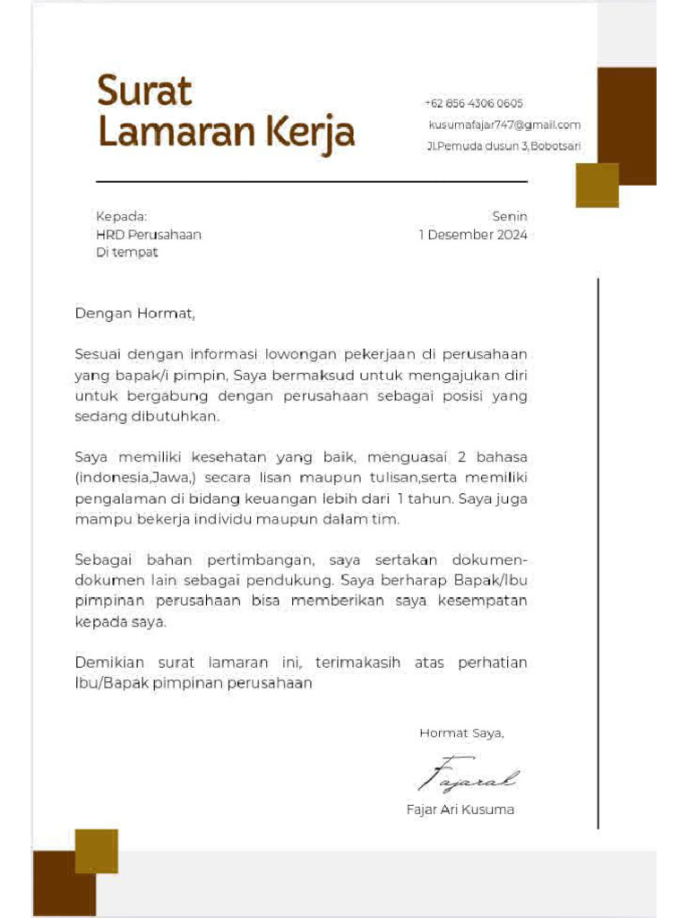 Surat Lamaran Fajar Ari K | PDF