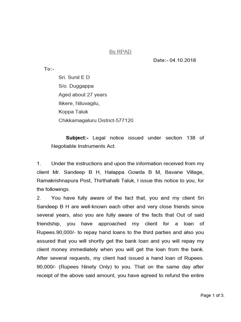 Legal Notice for Cheque Bounce | PDF | Cheque | Banks