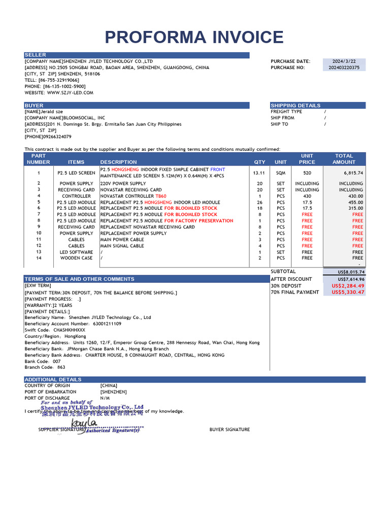 2024.03.22 P2.5 Hongsheng Indoor Fixed LED Screen Proforma Invoice 5 ...