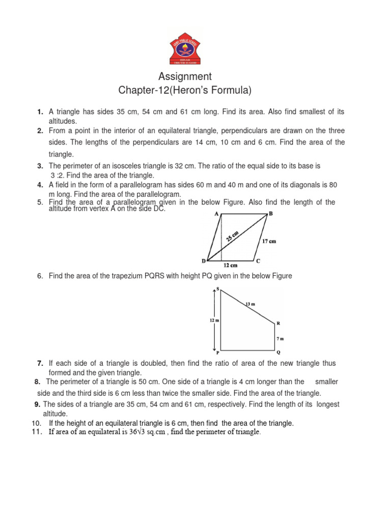 Assignment Chapter-12 (Heron 'S Formula) : 11. If Area of An Equilateral Is 36 3 SQ - CM, Find ...