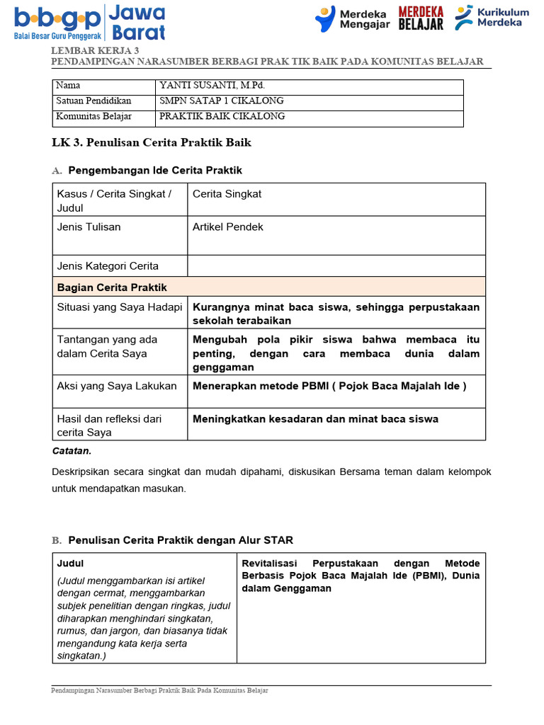 LK 3 Penulisan Cerita Praktik Baik YANTI SUSANTI | PDF
