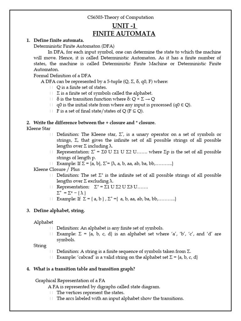 Toc Unit 1 Notes Pdf Automata Theory Mathematical Logic