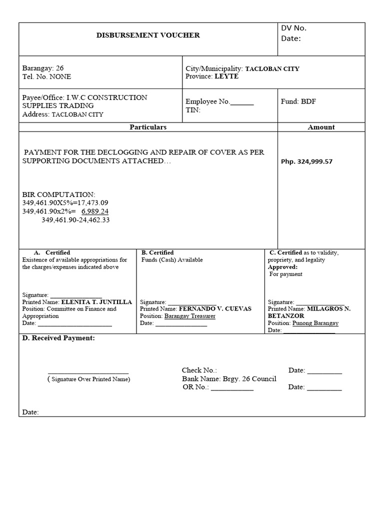 Disbursement Voucher | PDF | Payments | Bookkeeping