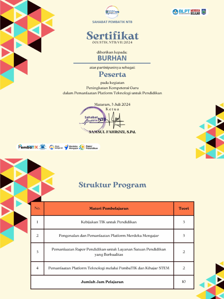 Sertifikat Webinar BLPT Berkobar 2-3 Juli 2024 BURHAN | PDF
