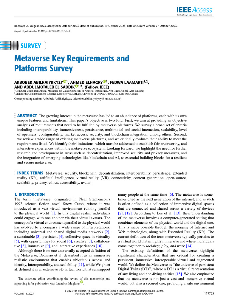 Metaverse Key Requirements and Platforms Survey | PDF | Virtual Reality | Augmented Reality