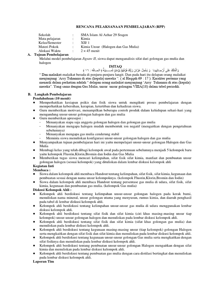 RPP KD 3.7 Kimia Unsur Halogen Dan Gas Mulia | PDF