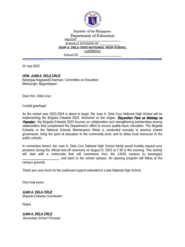 Sample Communication for Barangay Kagawad Chairman Committee on ...