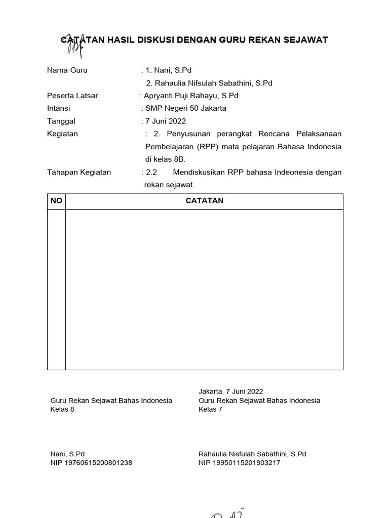 Catatan Hasil Diskusi Dengan Guru Rekan Sejawat | PDF | Karier & Perkembangan