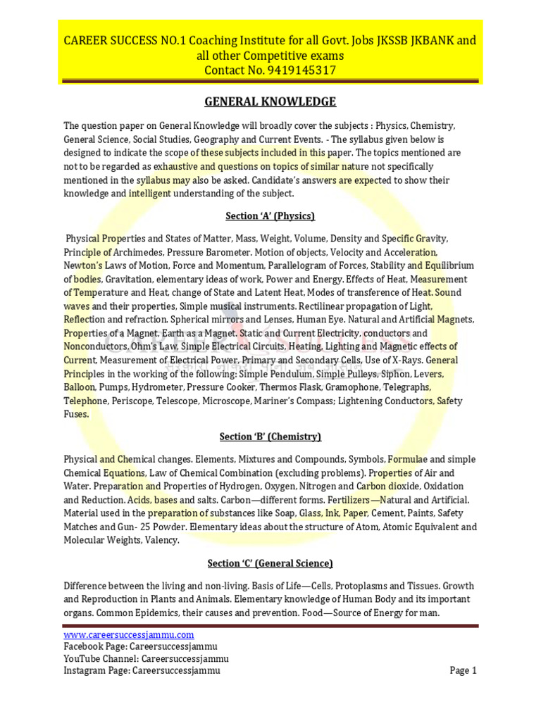 General Knowledge Syllabus | PDF | Force | Chemical Substances