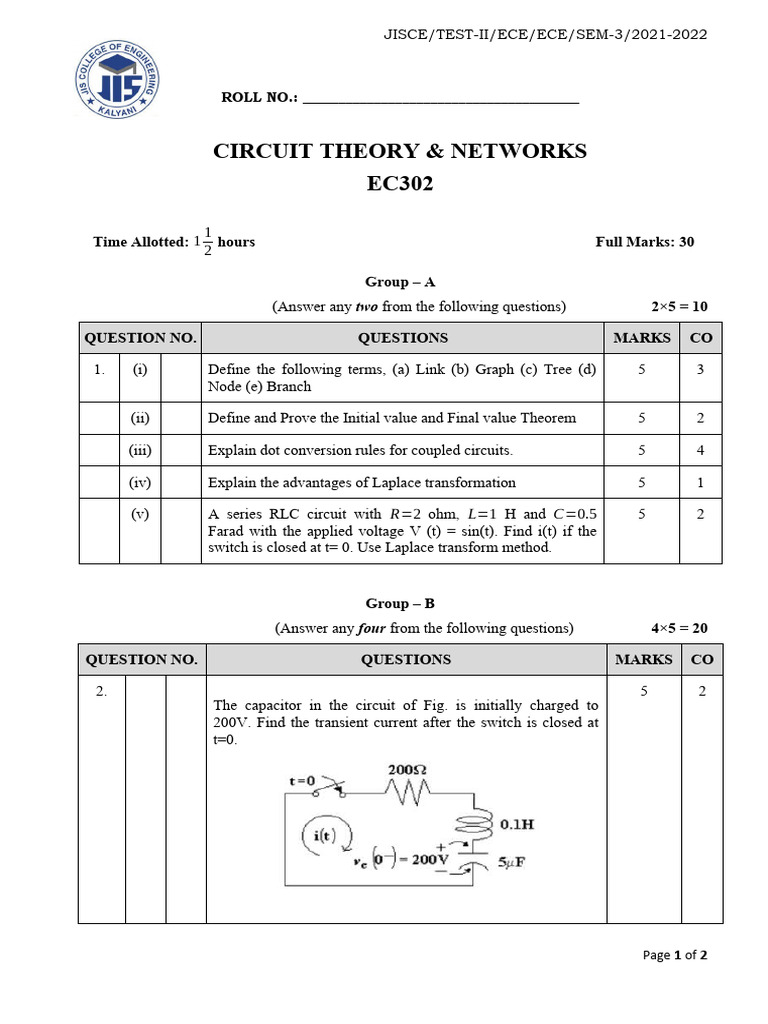 Ece r18 Ec302 Circuit Theory Networks | PDF | Network Analysis (Electrical Circuits ...