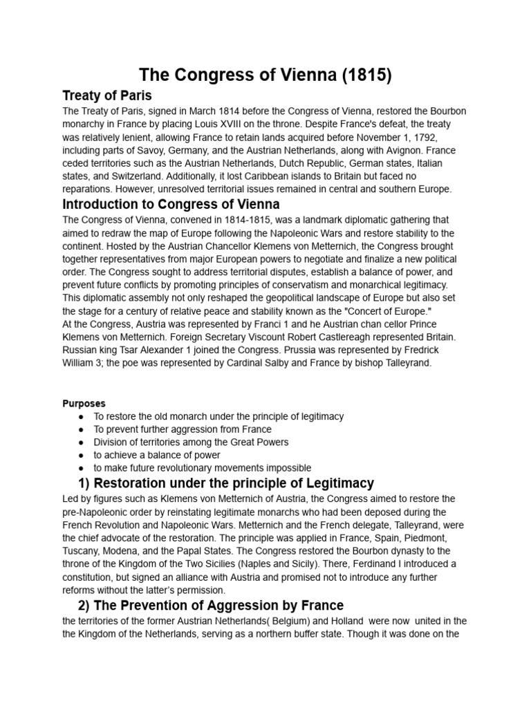 Congress of Vienna: 1815 Overview | PDF | First French Empire | United ...