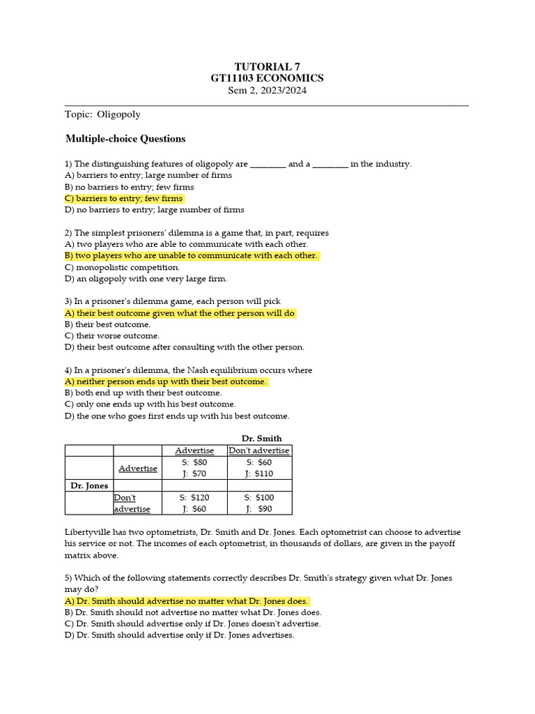 TUTORIAL 7 Oligopoly - Questions (Revised) | PDF | Profit (Economics ...