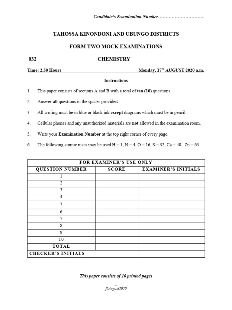 Chemistry F.2 Mock 2020 | PDF | Chemical Elements | Atoms