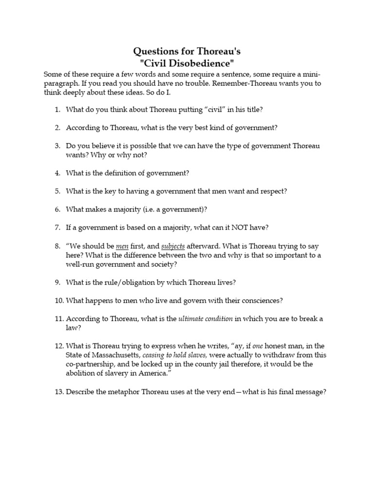 Thoreau's Civil Disobedience Questions | PDF | Politics