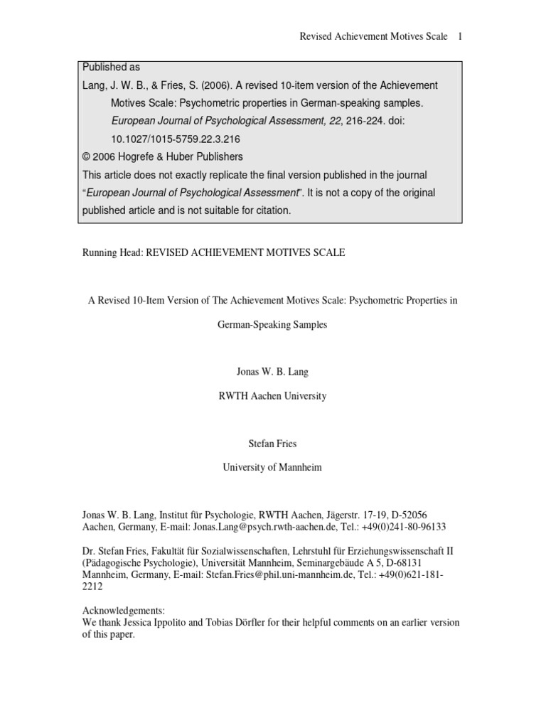 A Revised 10 Item Version of The Achieve | PDF | Validity (Statistics ...