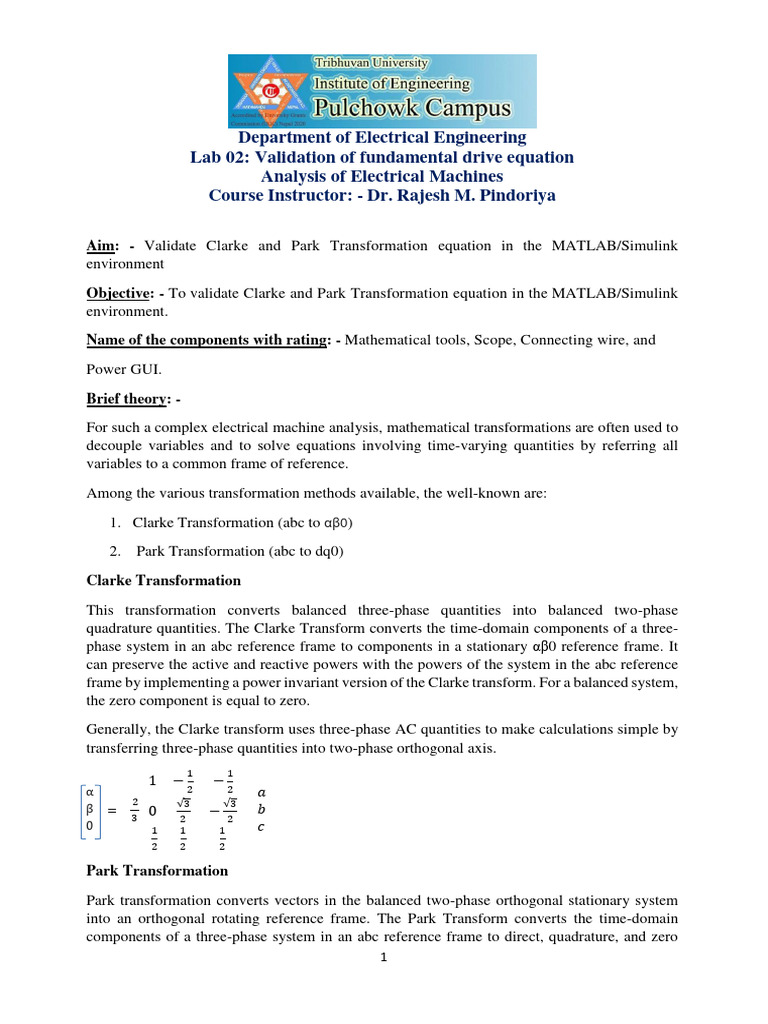 Lab 03 Validate Clarke and Park Transformation Equation in The MATLAB ...