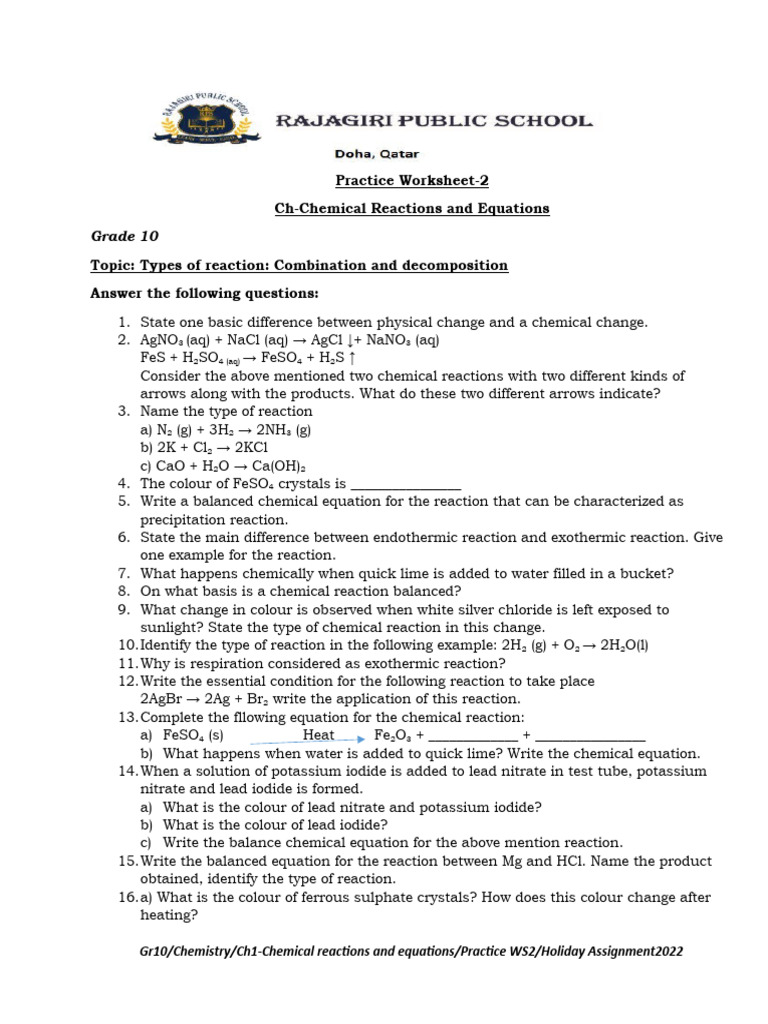 Practice WS2-L1 - Holiday Assignment | PDF | Chemical Reactions | Physical Sciences