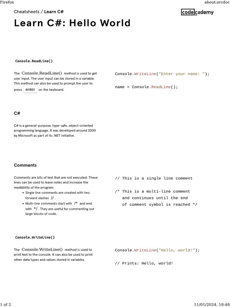 Codecademy C Cheatsheet Pdf C Sharp Programming Language Command Line Interface