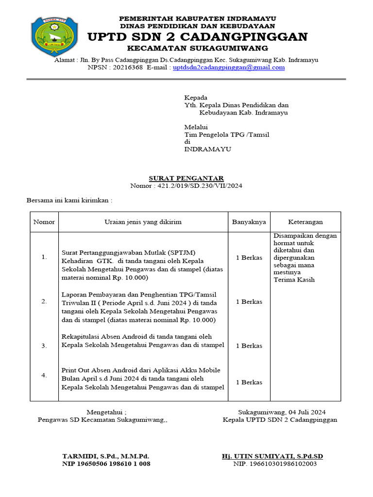 Surat Pengantar&sptjm TW 2 2024 | PDF