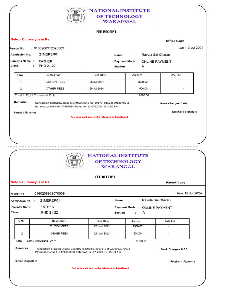 Fee Receipt for Ravula Sai Charan | PDF | Fee | Receipt