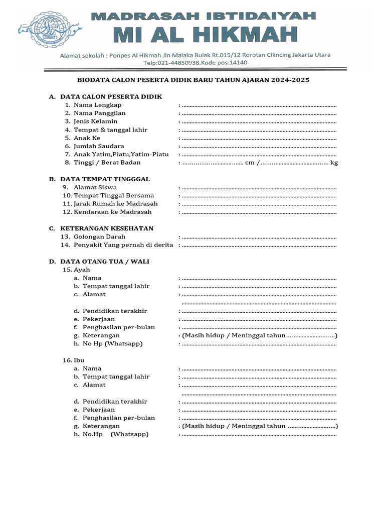 Formulir PPDB Mi 2024-2025 | PDF