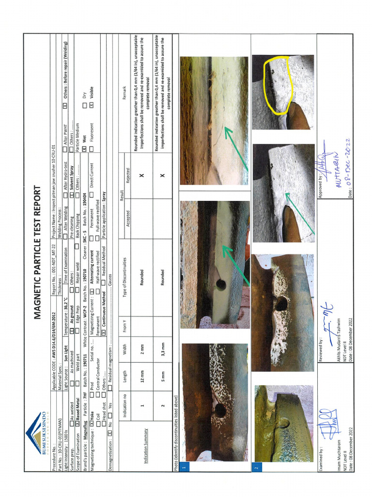 Magnetic Particle Test Report - Pitman 10-CRU-01) - 071222 | PDF