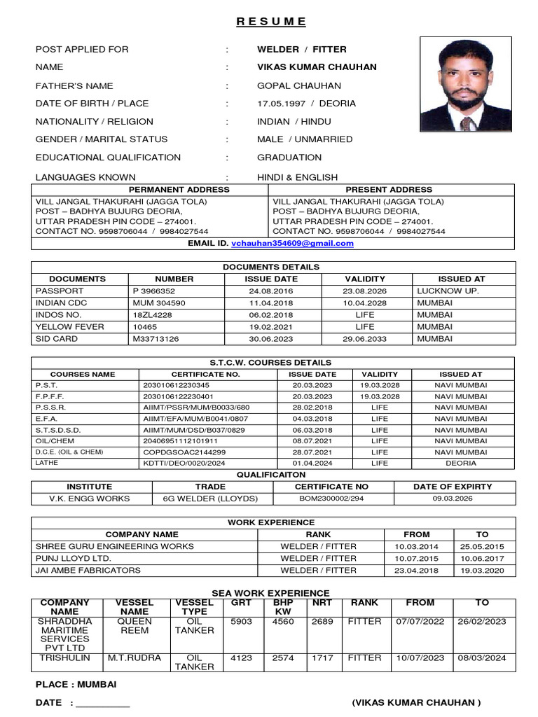 Welder/Fitter Resume of Vikas Chauhan | PDF | Government And Personhood