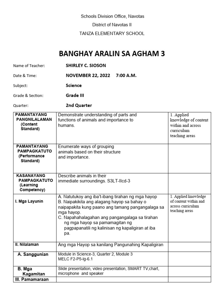 Banghay Aralin Sa Agham 3 Shirley C. Sioson Class Observation 1 | PDF