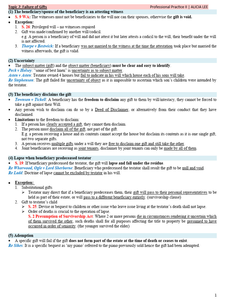 Topic 7 - Failure of Gifts | PDF | Will And Testament | Insolvency
