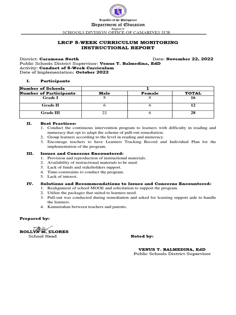 Toboan Es - LRCP 8-Week Curriculum Monitoring Instruction Report | PDF | Curriculum | Learning ...